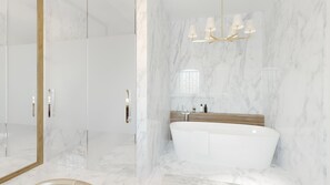 Quarto superior | Banheiro | Chuveiro, produtos de toalete grátis, secador de cabelo, chinelos