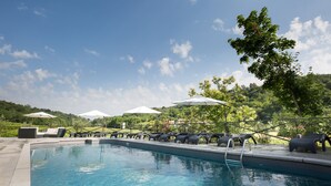 Piscina com espreguiçadeiras e guarda-sóis, cercada por vegetação e árvores.
