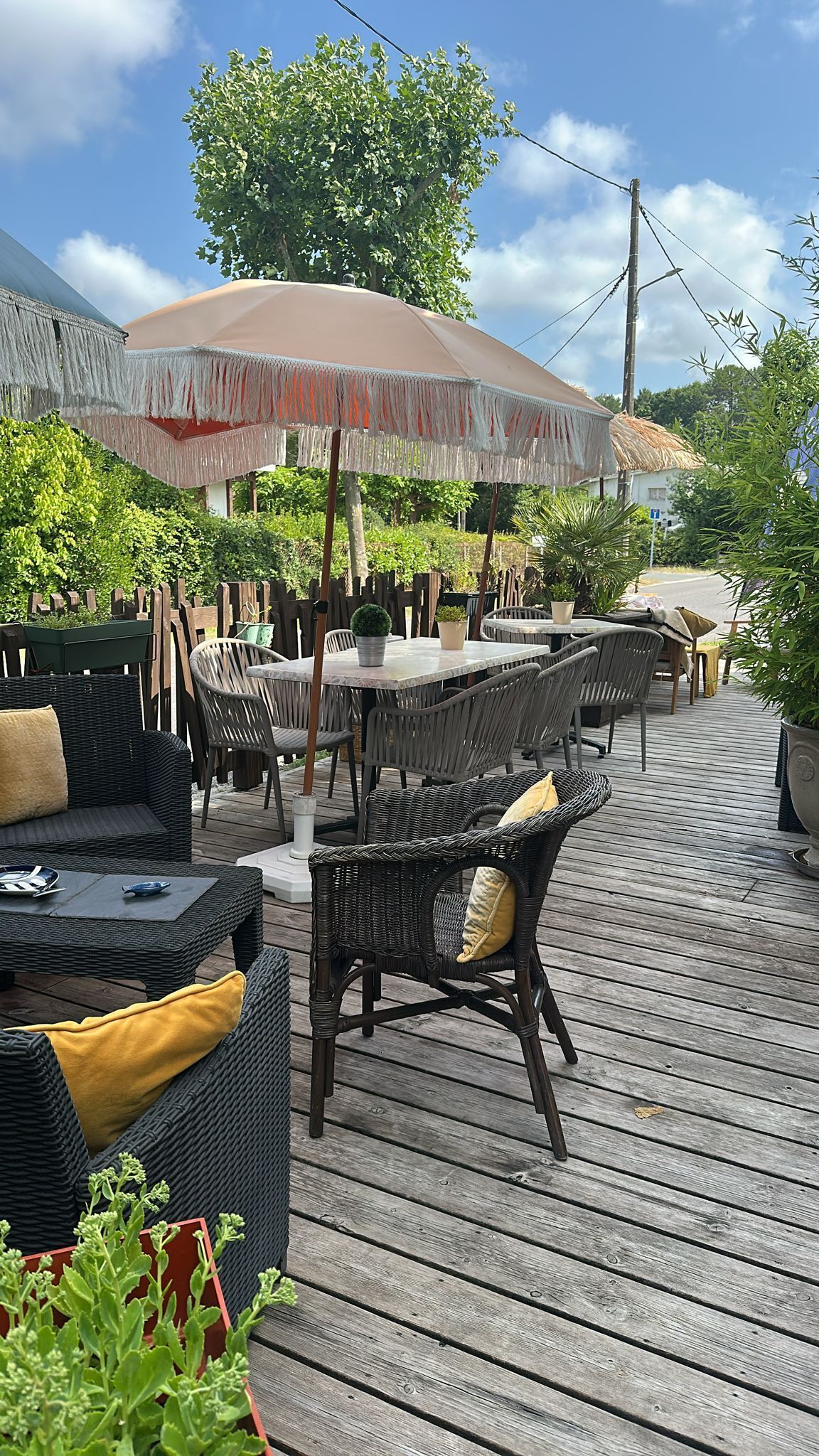 Um terraço ao ar livre com móveis de vime, um grande guarda-sol e vasos de plantas.