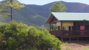 Uma cabana com telhado de metal, deck de madeira e vista para as montanhas.