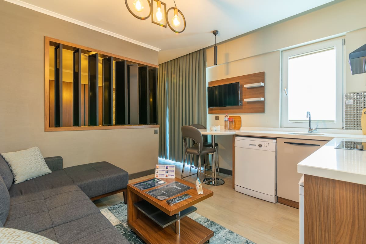 Uma sala de estar moderna com um sofá, uma mesa de centro com controles remotos, uma área de jantar com uma cadeira, uma cozinha com lava-louças e uma TV fixada na parede.