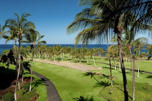 Campo de golfe com vista clara para o oceano e palmeiras.