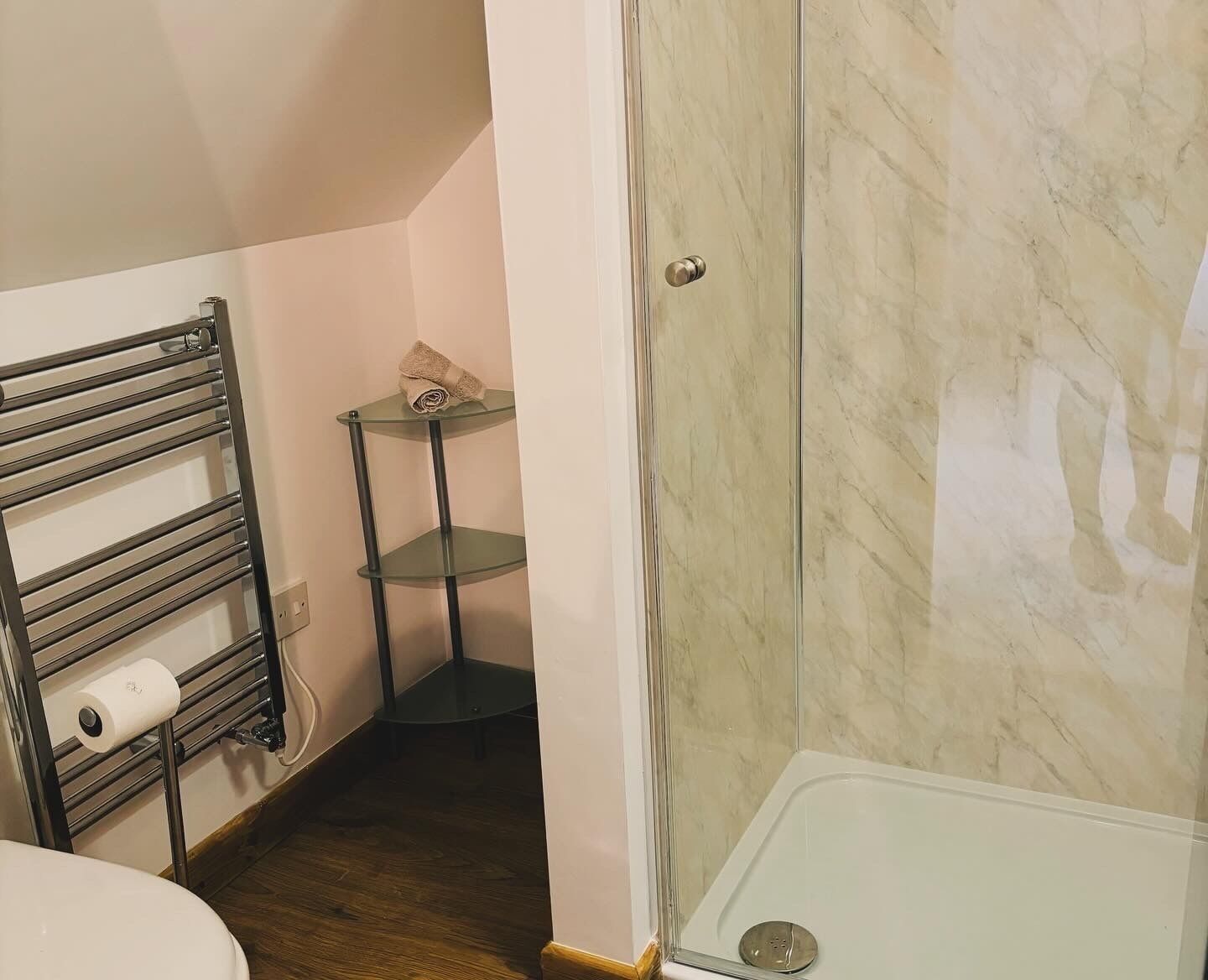 Casa de banho com cabine de duche em vidro, sanita, suporte para toalhas e uma pequena estante com uma toalha.