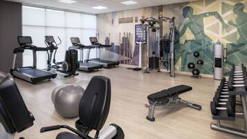 Uma academia com esteiras, elípticos, remo, pesos livres e bolas de exercício.