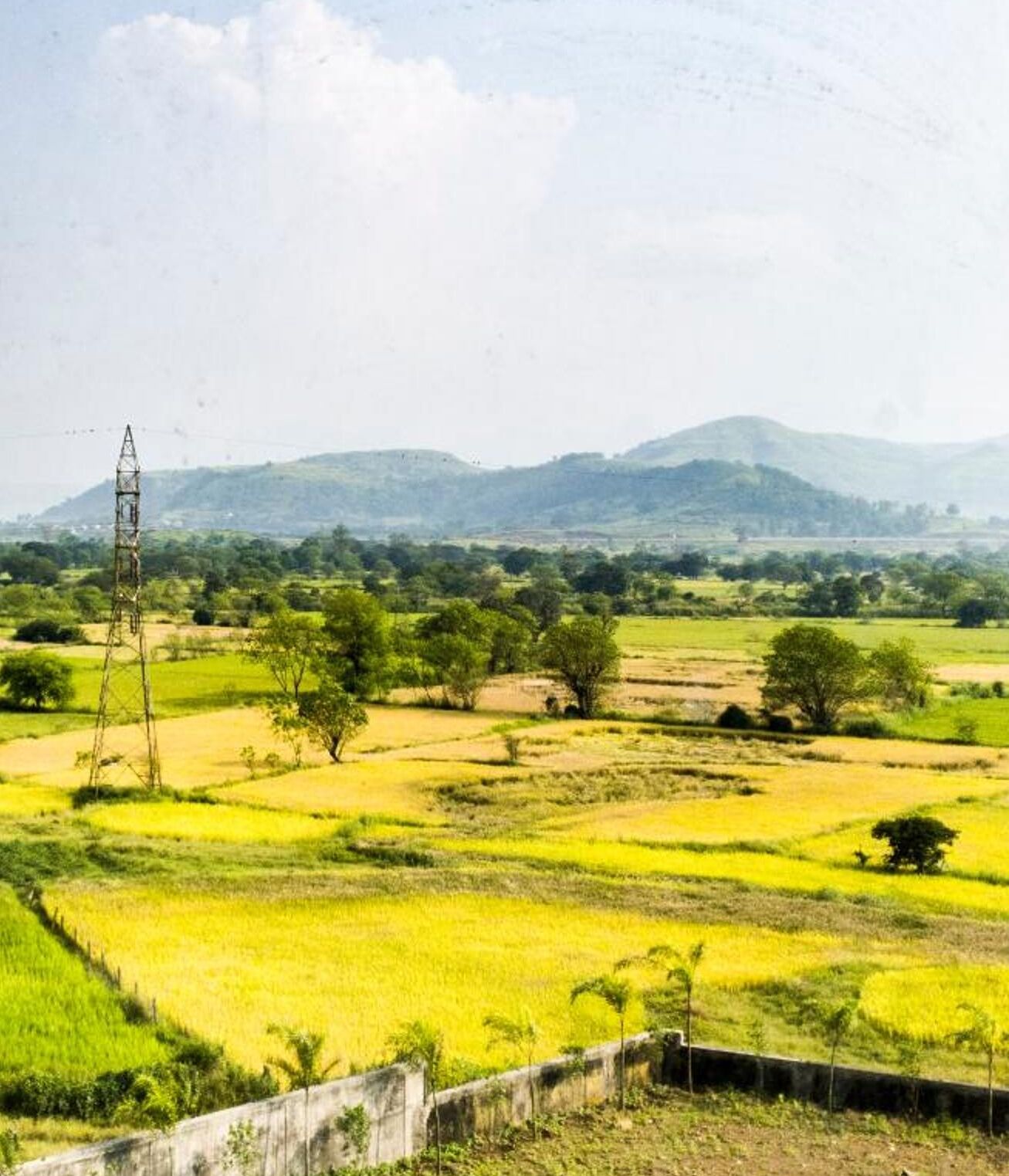 Paisagem rural com campos, árvores e uma cordilheira distante.