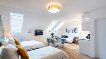 Apartamento de Luxo, várias camas | Lençóis de algodão egípcio, roupa de alta qualidade, secretária