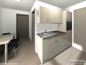 Apartamento, sacada | Cozinha americana privada | Geladeira grande, micro-ondas, cooktop