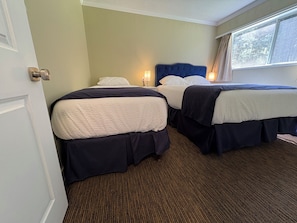 Quarto de hotel com duas camas, uma porta, uma janela e chão coberto por carpete.