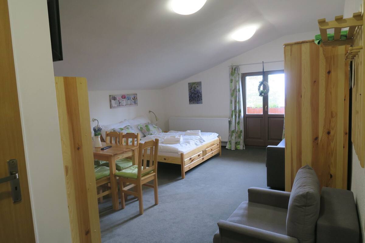 Quarto com cama, escrivaninha de madeira, cadeira e sofá.