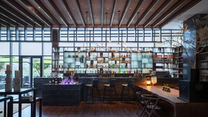 Uma área de bar moderna com um balcão comprido, vários bancos e uma prateleira bem abastecida de garrafas.
