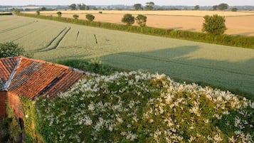 Paisagem rural com uma casa, telhado inclinado e chaminé de tijolos.