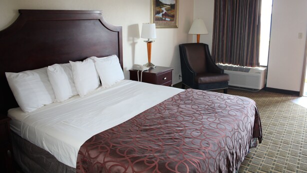 Quarto de hotel com uma cama grande, uma cadeira, uma escrivaninha com abajur e um quadro na parede.