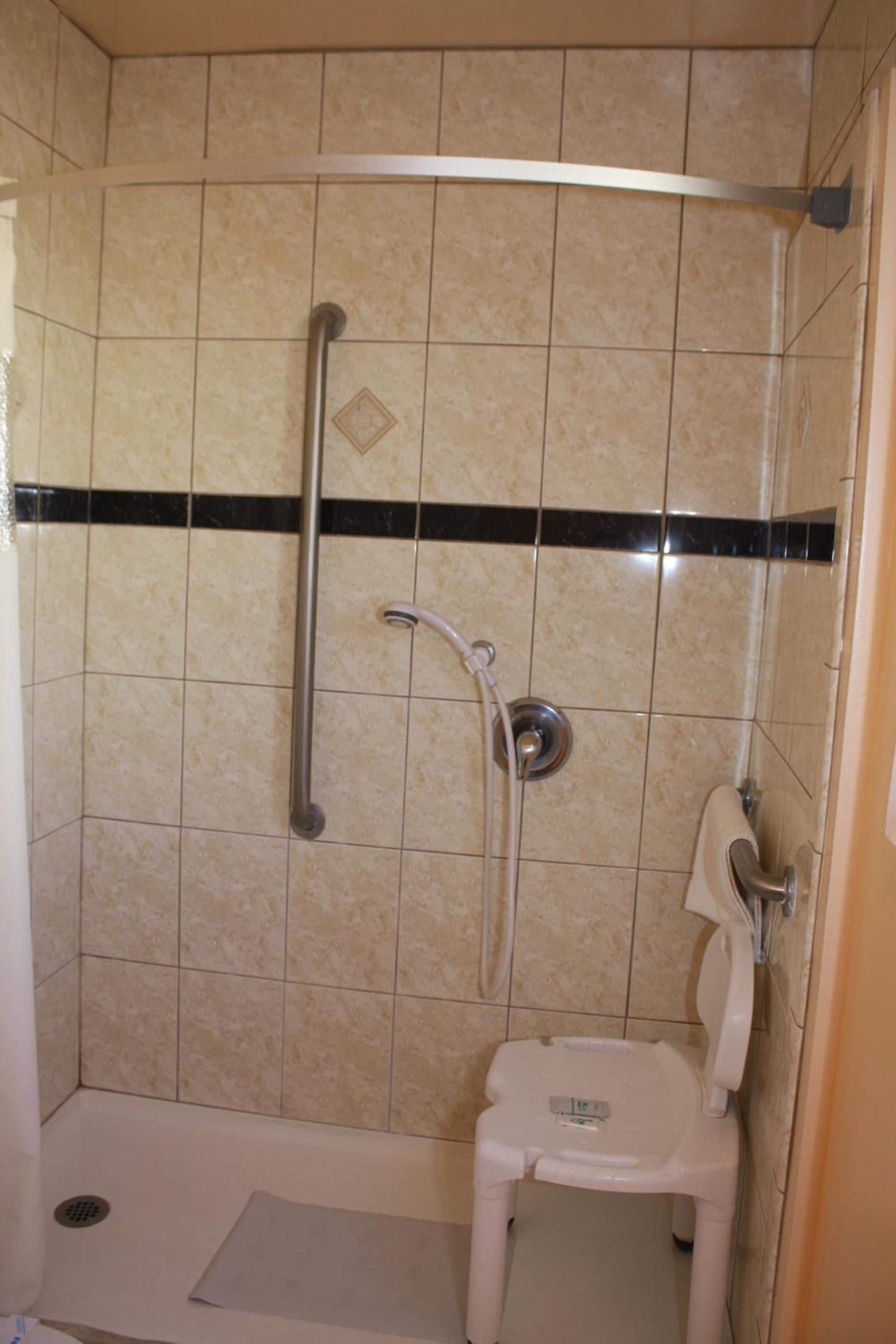 Área de chuveiro com chuveiro manual, barra de apoio vertical e vaso sanitário branco.