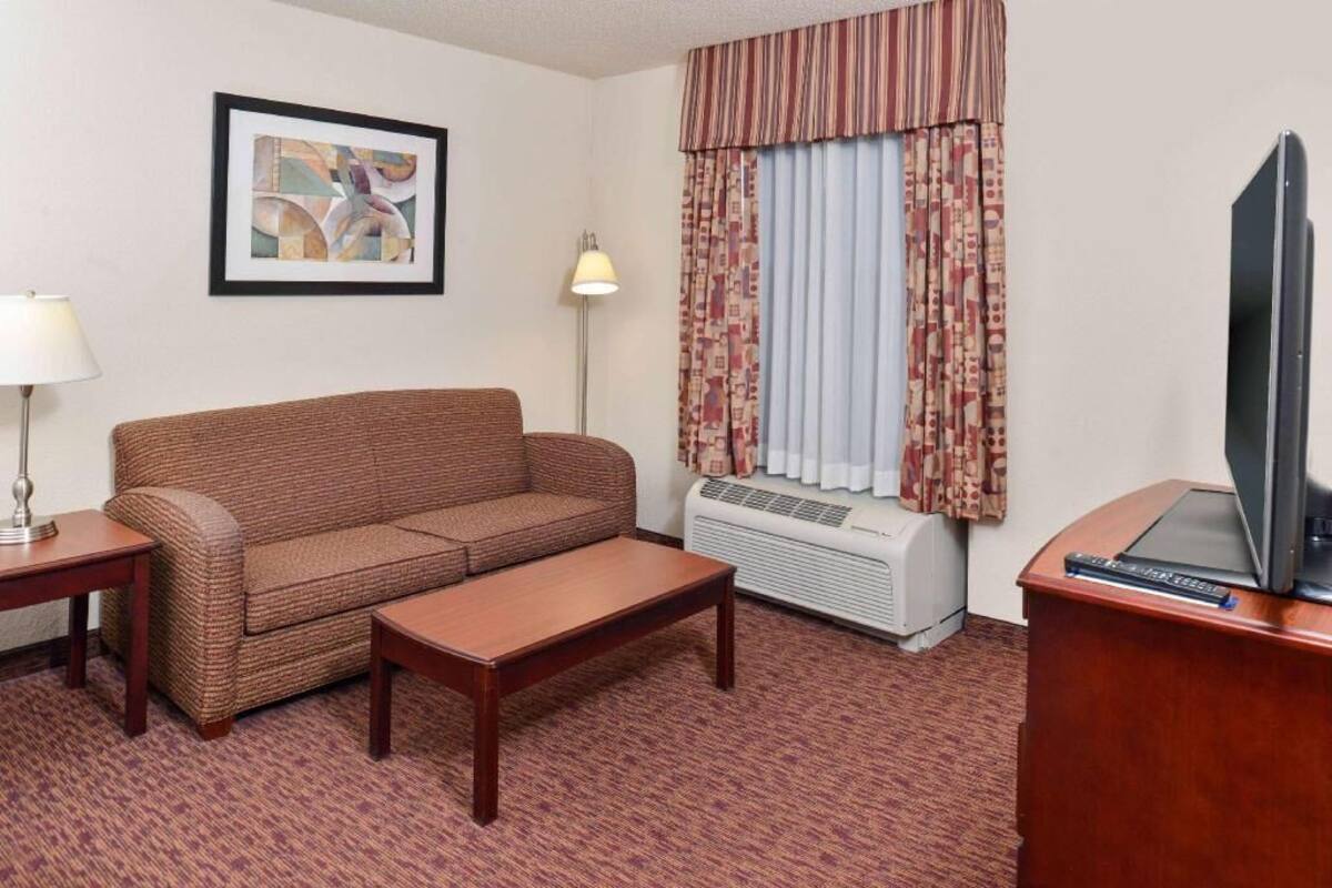 Quarto de hotel com sofá, mesa de centro, televisão, luminária, radiador e um quadro na parede.