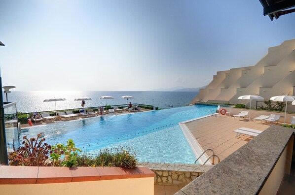 Piscina externa, guarda-sóis, espreguiçadeiras