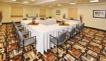 Uma sala de conferências com uma grande mesa retangular cercada por cadeiras, um tapete estampado e obras de arte emolduradas nas paredes.
