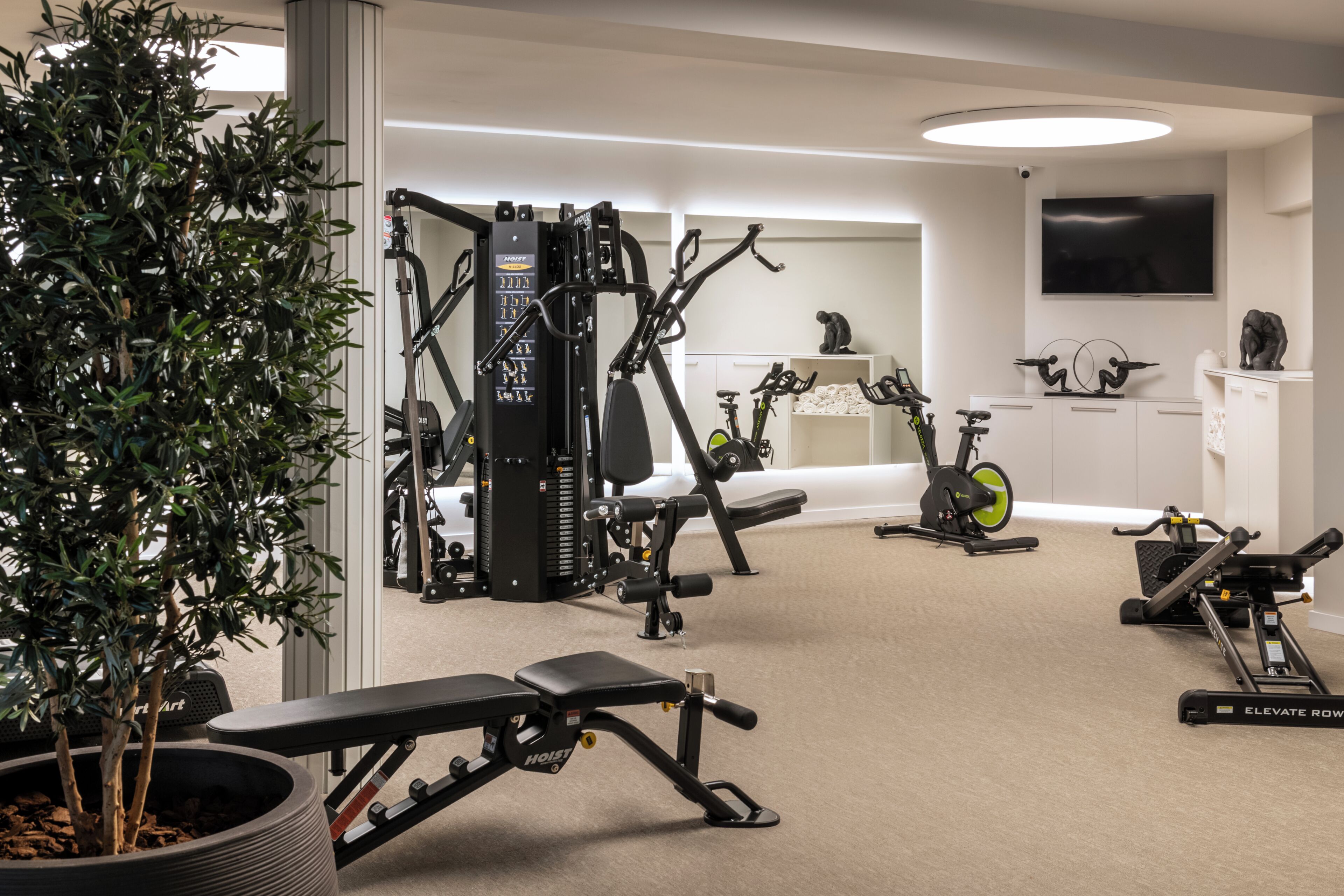 Uma academia em casa com diversos equipamentos de exercício, incluindo um banco de supino, uma bicicleta ergométrica e uma esteira.