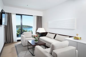 Suite, varanda, vista para o mar | Sala de estar | Televisor LCD