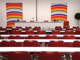 Uma sala de conferências com fileiras de cadeiras vermelhas e mesas brancas, duas grandes obras de arte verticais nas paredes e um vaso de planta à direita.