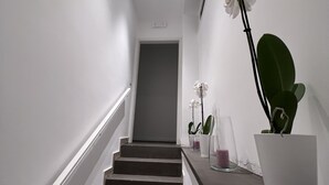 Uma escada com corrimão, uma orquídea em vaso e um candelabro numa soleira.