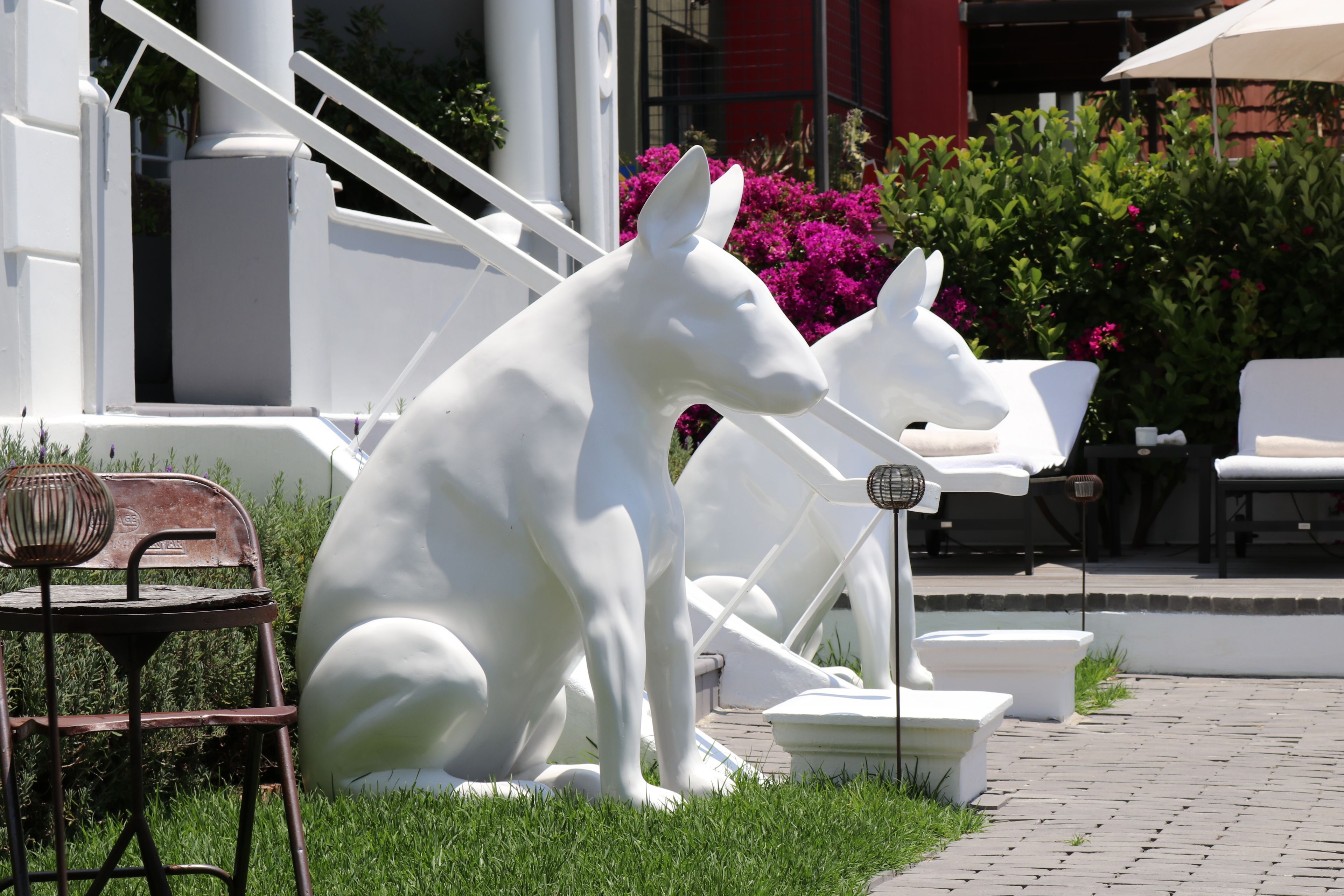 Duas esculturas de cães brancos em área pavimentada, com grama, uma cadeira de metal e um edifício branco ao fundo.