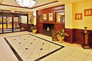 Um hall com lareira, plantas em vasos e piso de azulejos.