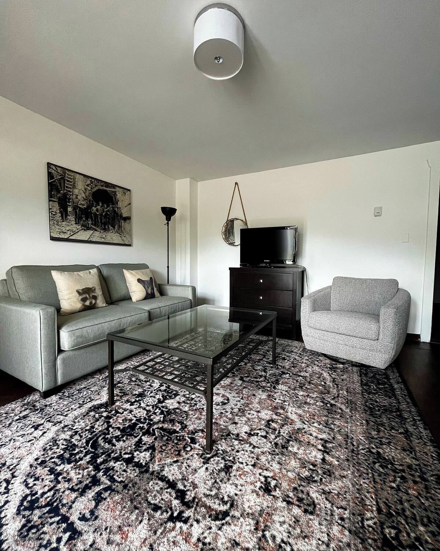 Uma sala de estar com sofá cinza, mesa de centro de vidro, tapete estampado, aparador preto e poltrona cinza.