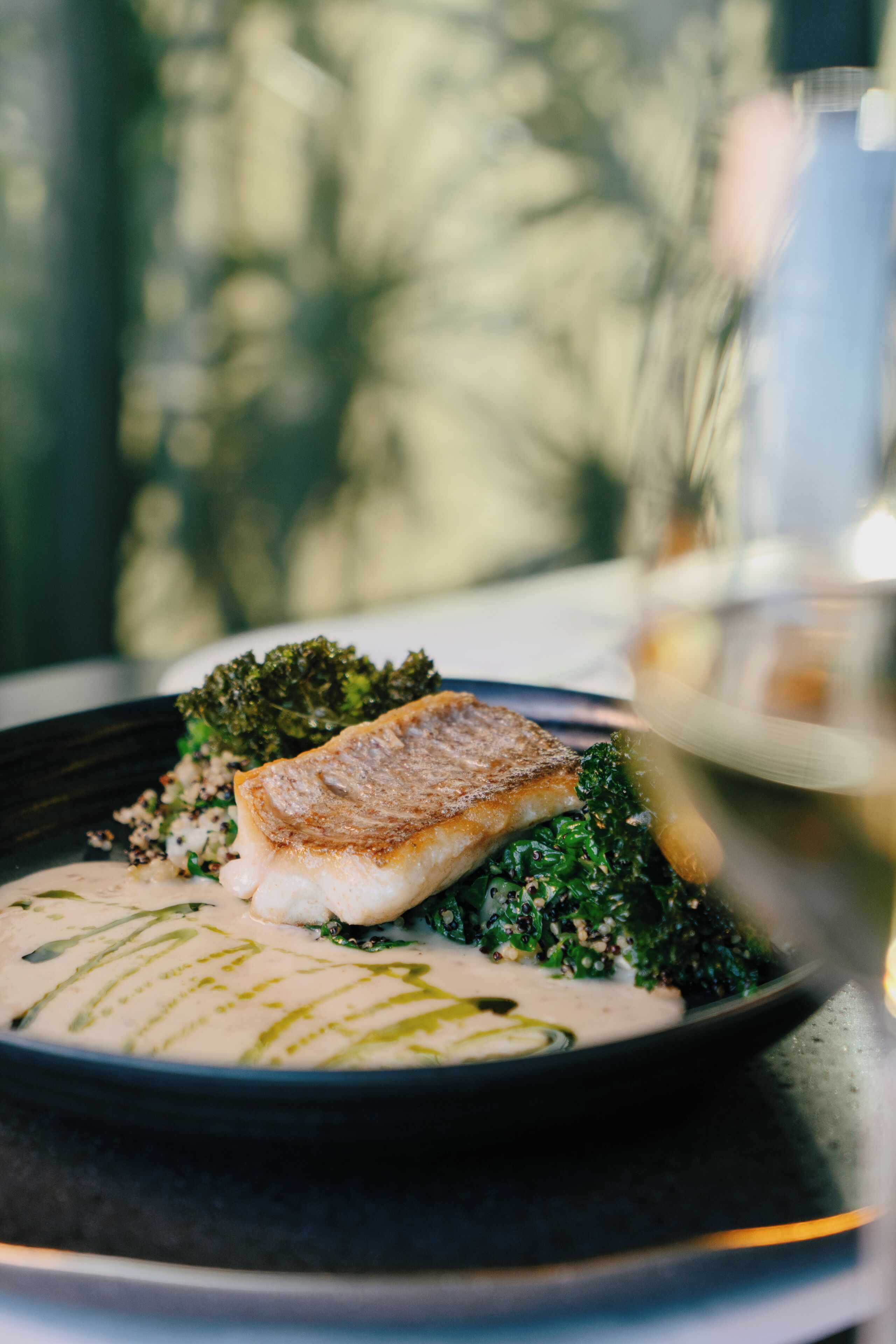 Um prato com um pedaço de peixe, brócolis e um molho cremoso.