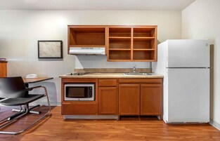 Um frigorífico/congelador grande, um micro-ondas, uma placa de cozinha 