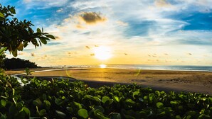 Uma praia com um pôr do sol, céu claro e vegetação verde ao primeiro plano.