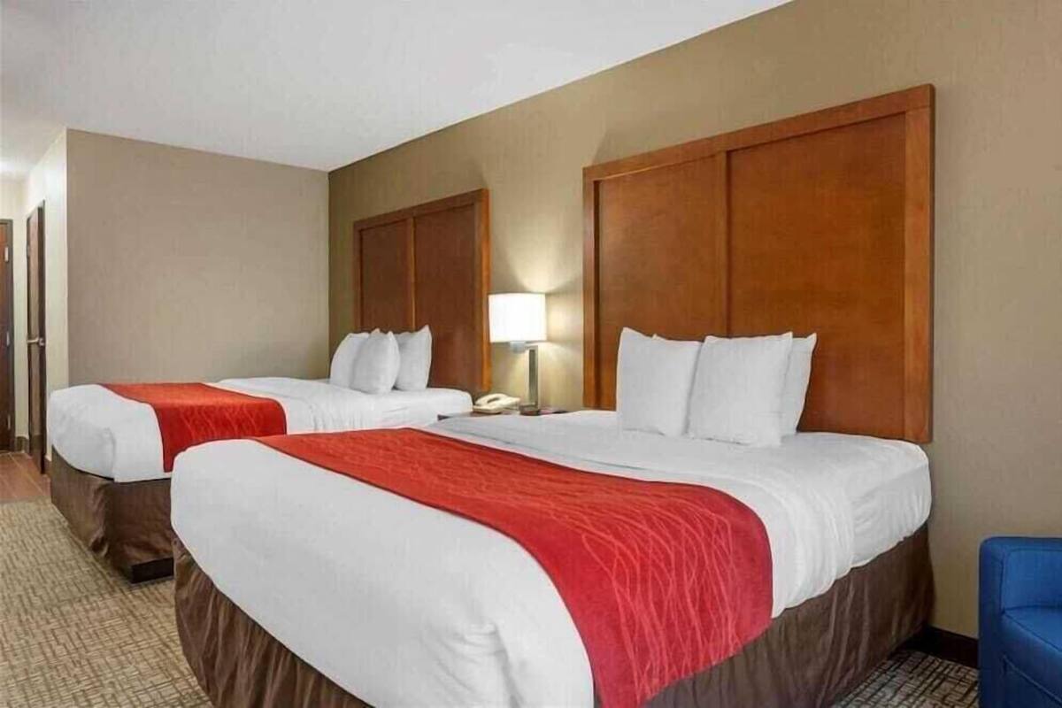 Quarto de hotel com duas camas, uma mesa de cabeceira com abajur e uma cadeira azul.