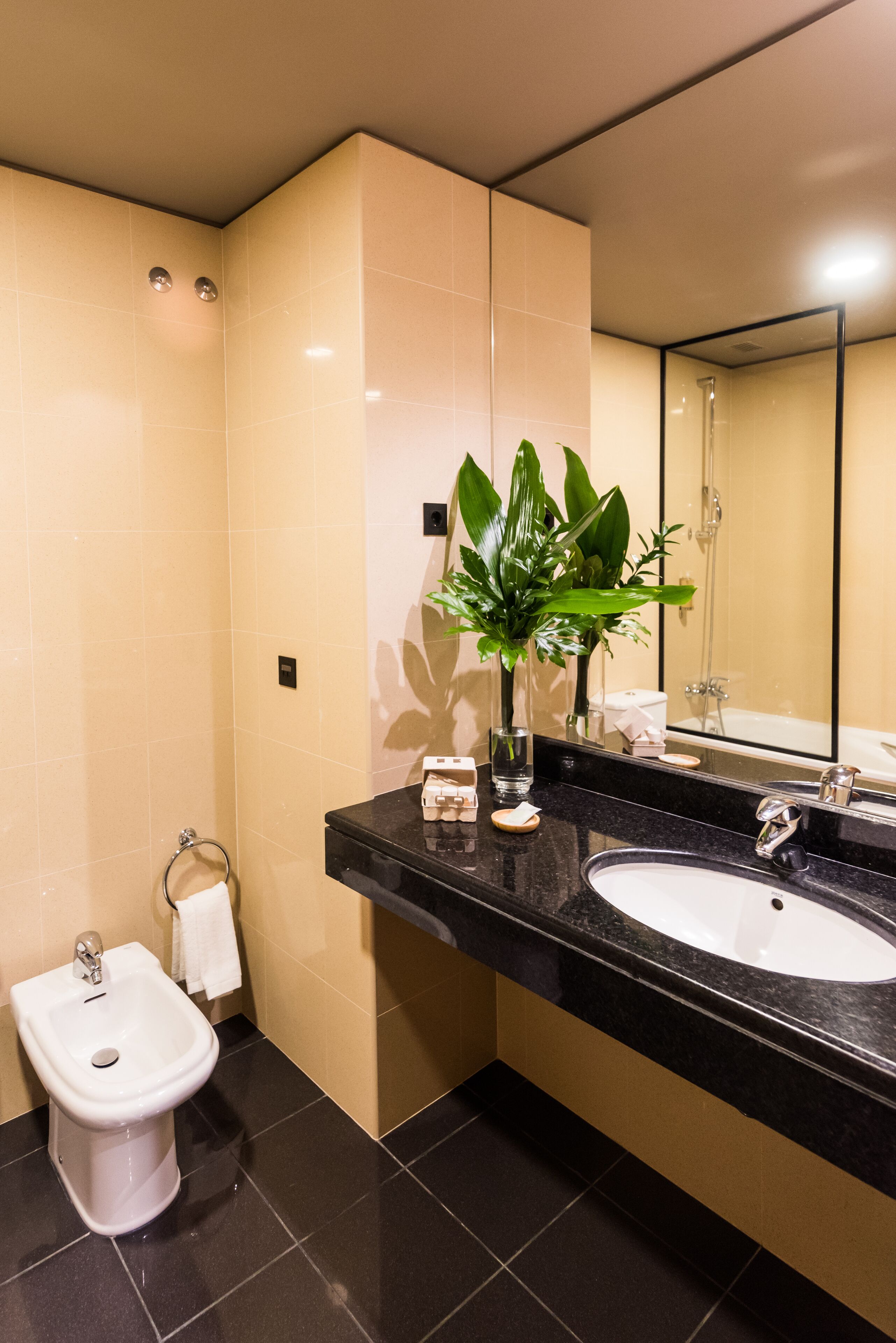 Uma casa de banho moderna com um bidé, um espelho grande e uma planta no lavatório.