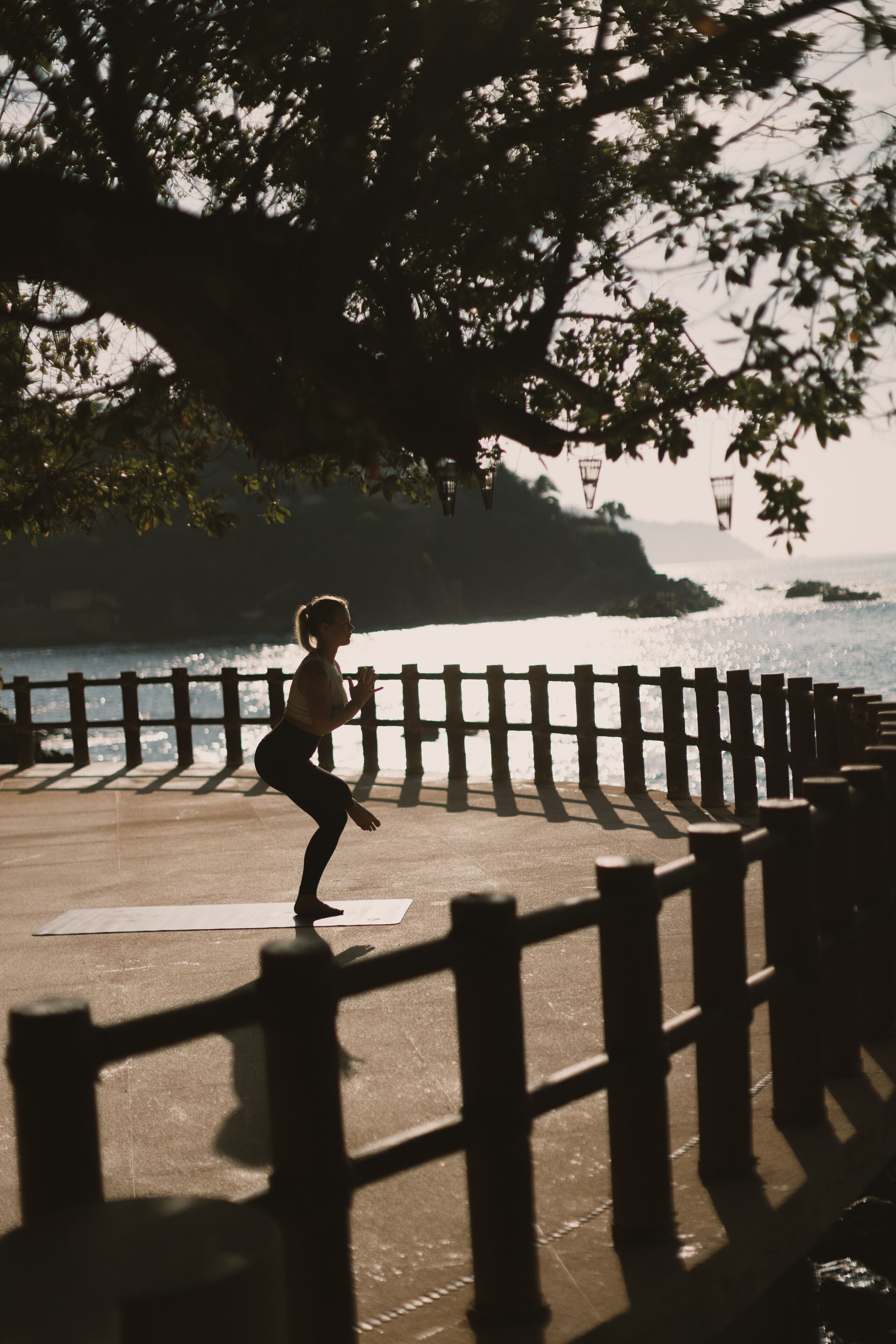 Uma pessoa se exercitando em um deck de madeira com vista para o mar e uma grande árvore ao fundo.