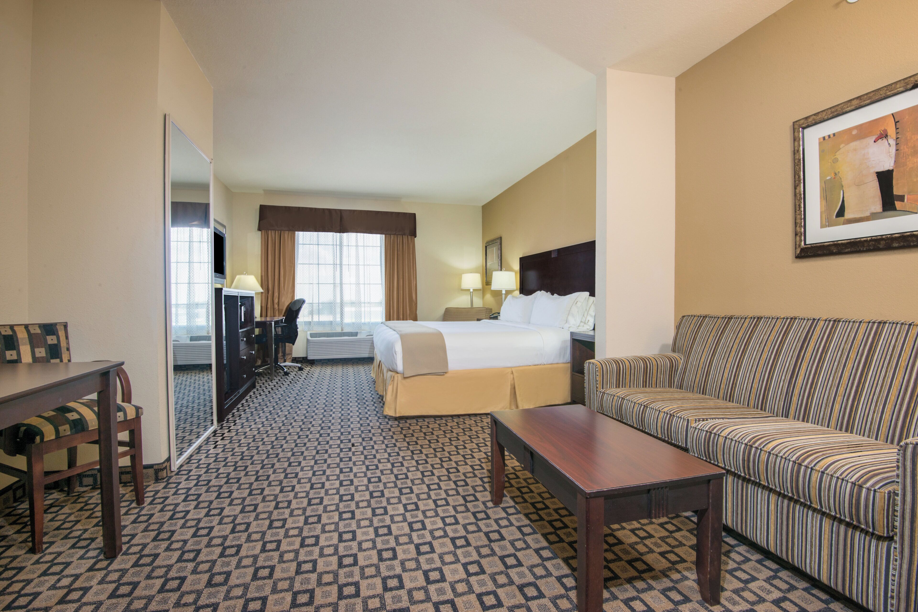 Quarto de hotel com cama, sofá, escrivaninha, cadeira, luminária e um quadro na parede.