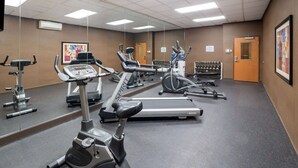 Uma academia com diversos equipamentos de exercícios, incluindo esteiras, bicicletas ergométricas e pesos.