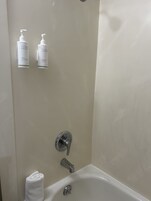 Uma combinação polibã/banheira, um secador de cabelo 