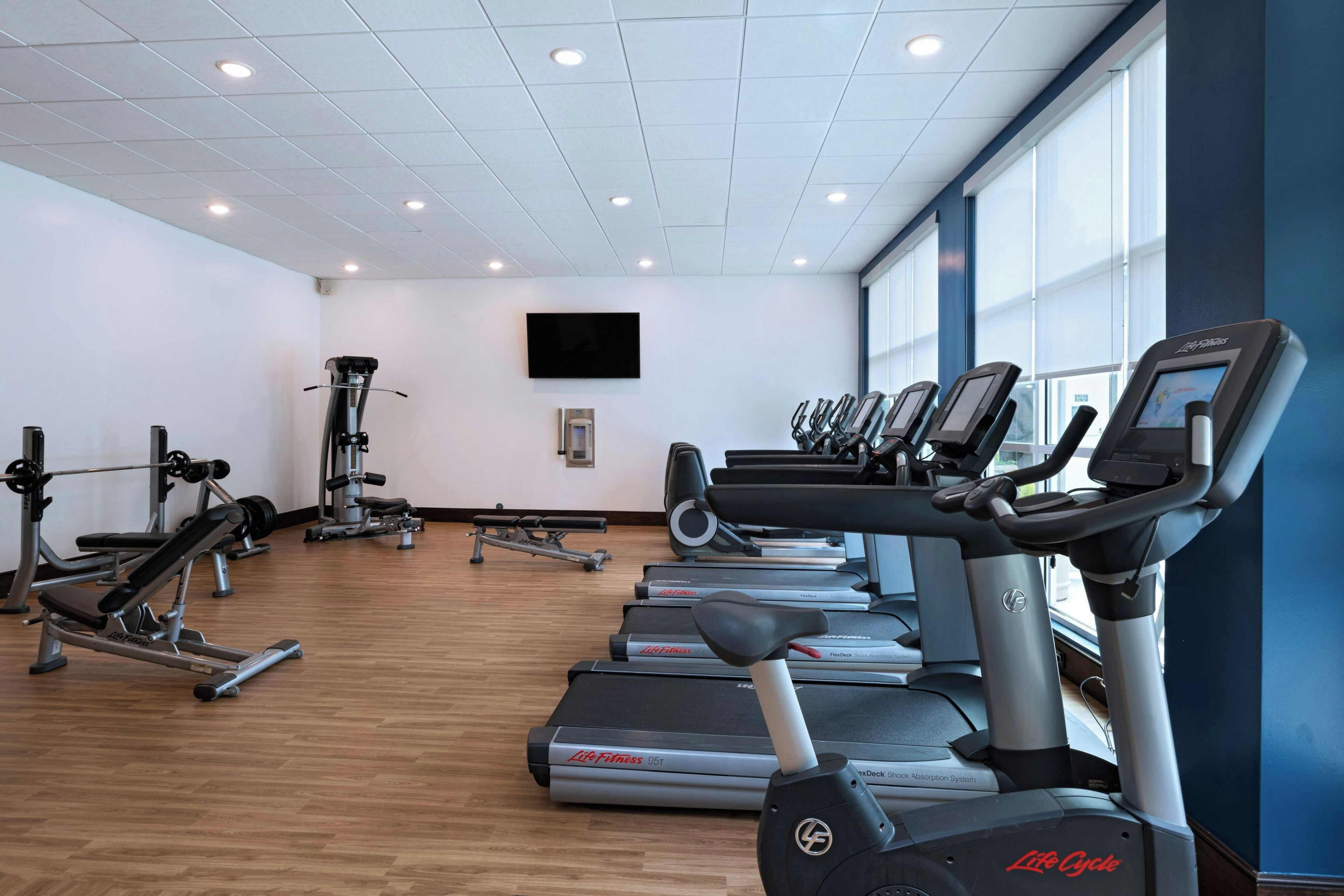 Academia com equipamentos de cardio, pesos e uma TV na parede.