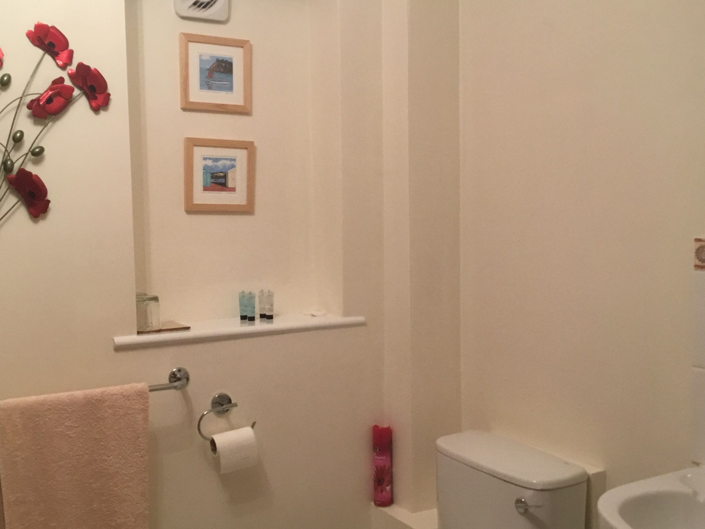 Casa de banho com sanita, lavatório, porta-toalhas e duas imagens emolduradas na parede.
