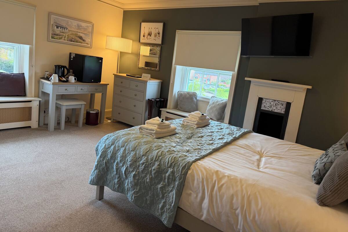 Quarto com cama, escrivaninha, televisão, lareira e janela.
