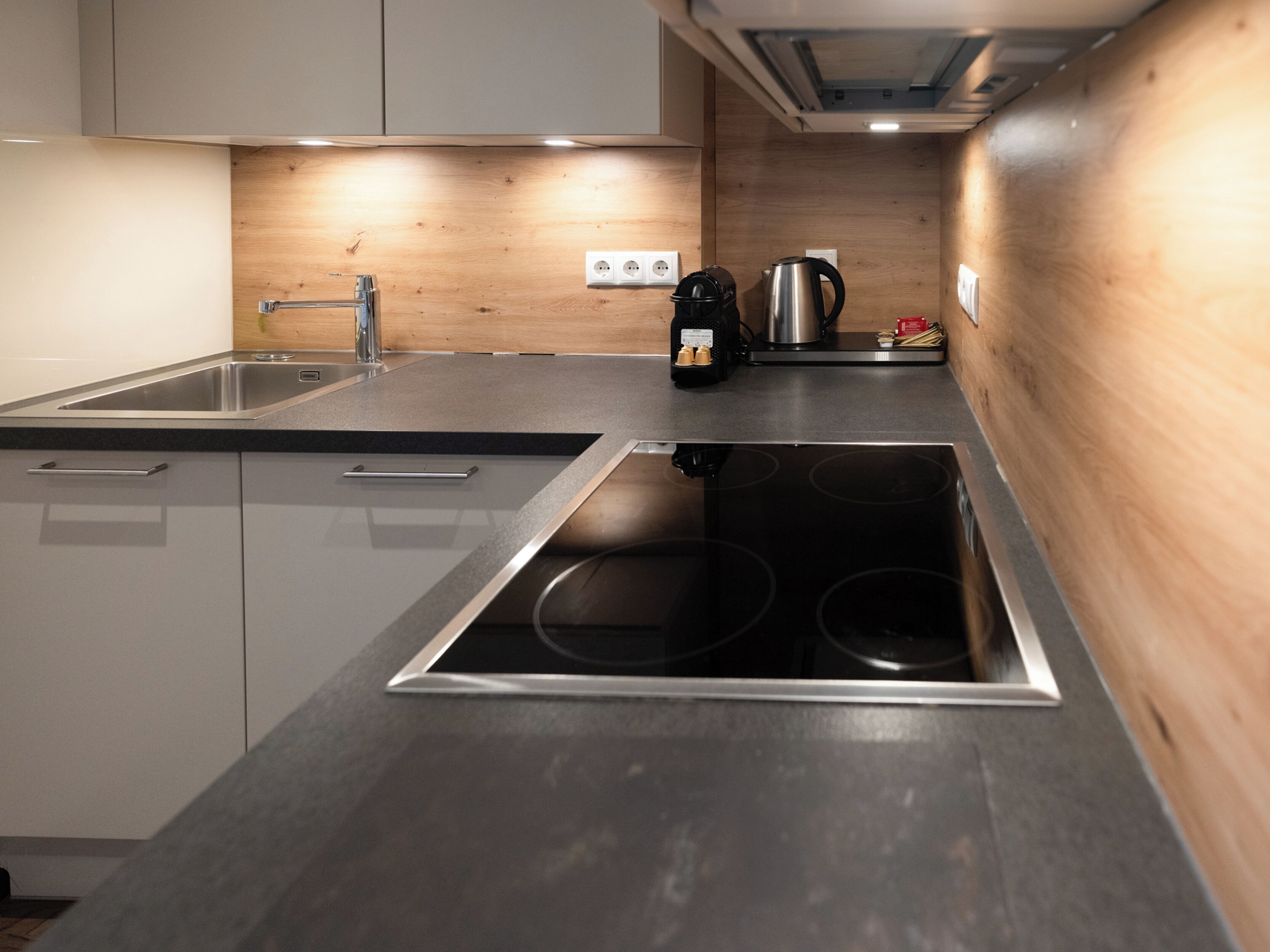 Delux Suite with balcony | Cozinha privada | Geladeira, cadeirão de bebê, produtos de limpeza