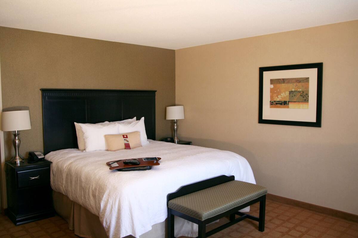 Quarto de hotel com uma cama grande, duas mesas de cabeceira com abajures, um banco e um quadro na parede.