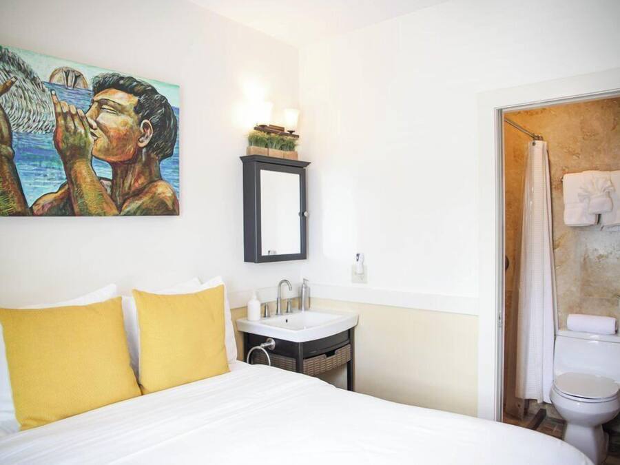 Quarto de hotel com cama, pia, espelho e chuveiro.