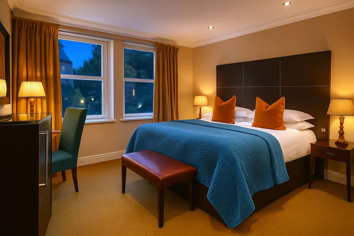 Quarto de hotel com uma cama grande, uma escrivaninha, uma cadeira e vista para o exterior.