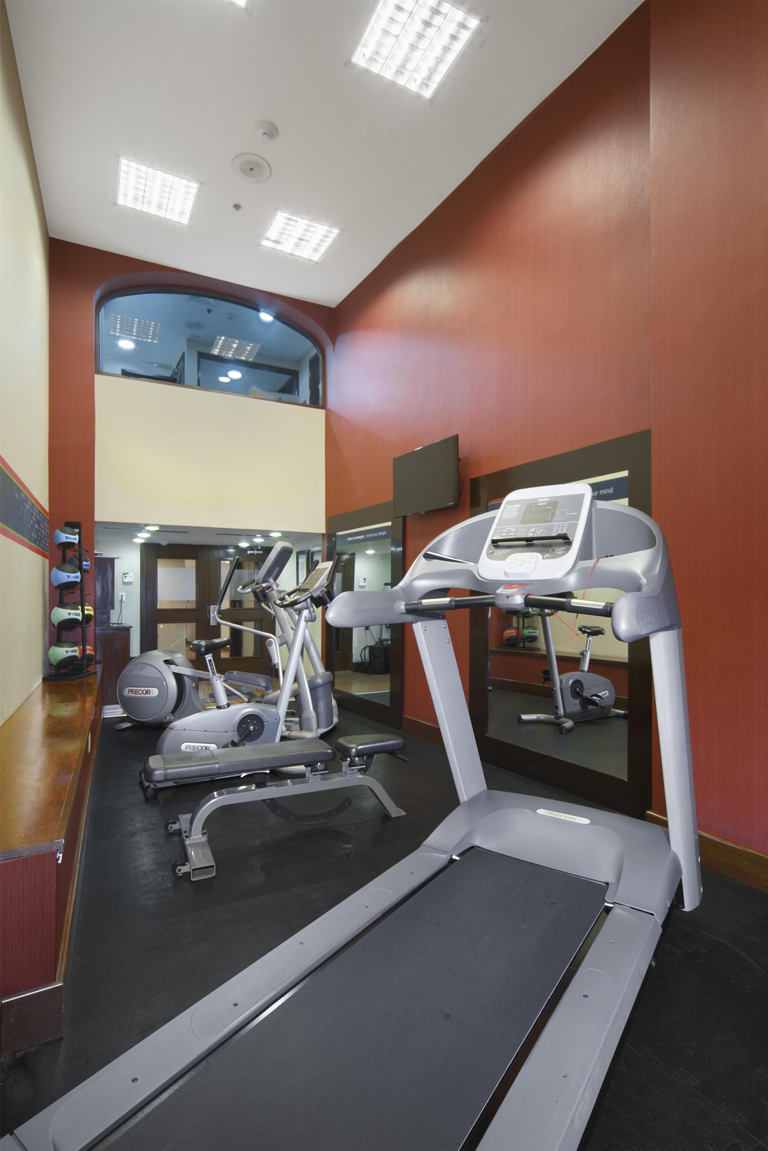 Academia com esteiras, elípticos e bolas de exercício.