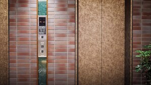 Um elevador com painel de controle, uma parede com padrão texturizado e uma porta.