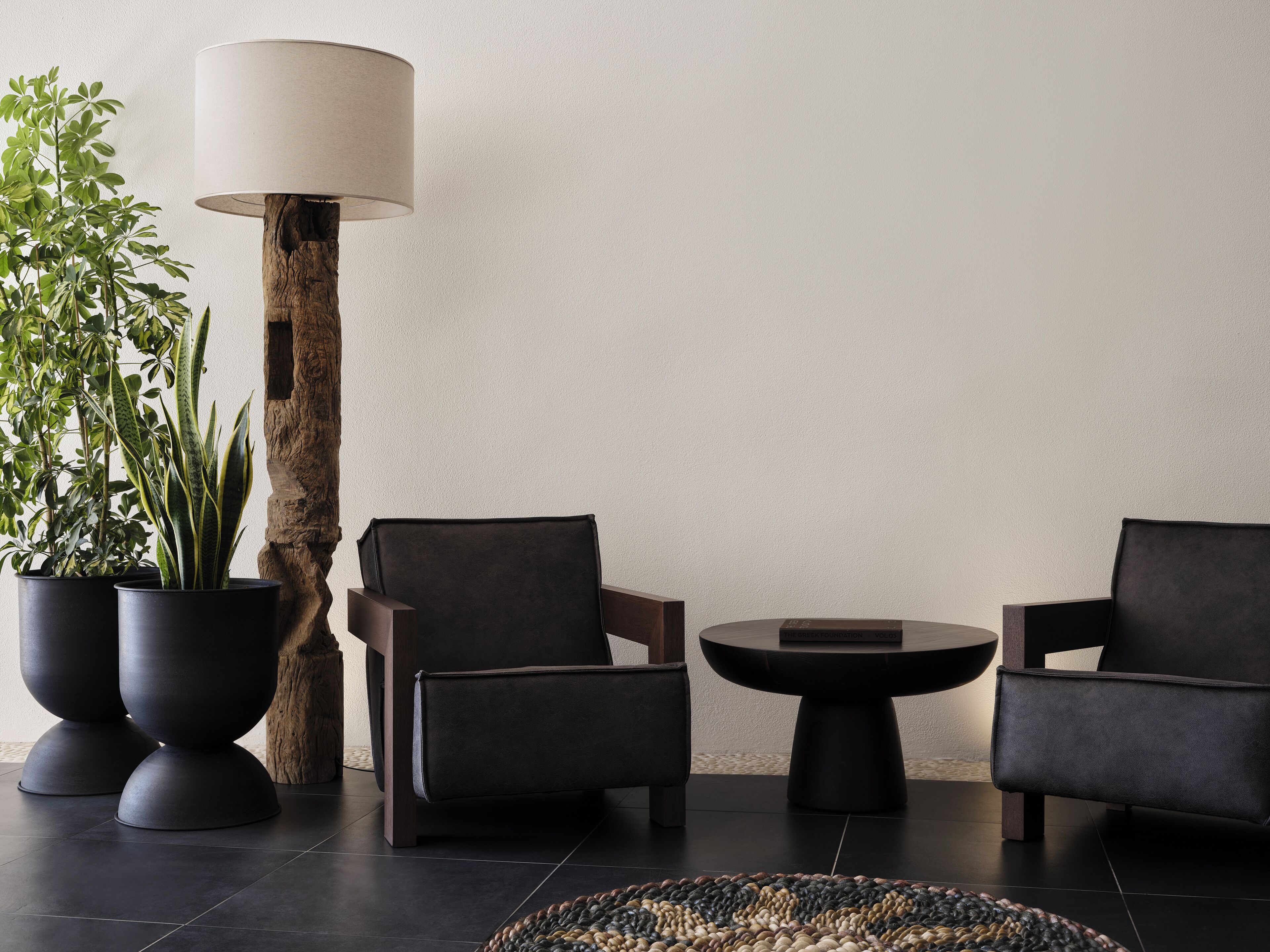 Um interior moderno com duas poltronas de couro preto, uma mesa de centro redonda e um abajur alto. Há plantas em vasos e um tapete texturizado no chão.