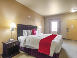 Quarto de hotel com cama, luminárias de cabeceira, telefone, mesa de cabeceira, janela com cortinas e porta.