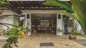 Entrada com piso de pedra, um banco, plantas em vasos e vista para o interior do edifício.
