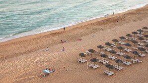 Uma praia com fileiras de espreguiçadeiras e guarda-sóis, areal e o oceano.