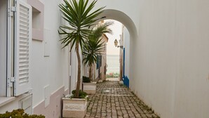 Uma estreita passagem de calçada, ladeada por edifícios brancos com detalhes azuis, conduzindo a uma vista do mar.